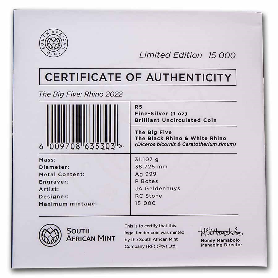 2022 1 oz South Africa Big Five Series II – Rhino Carded .999 Silver Coin – Gold Silver Outlet